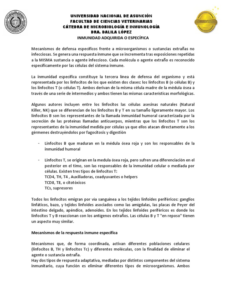 INMUNIDAD ADQUIRIDA O ESPECÍFICA Teorico | PDF | Linfocitos | Sistema ...