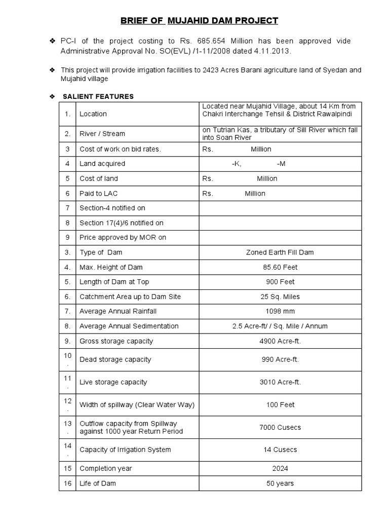 1 One Page Brief 4 Dams (Small Dams Division, Islamabad) | PDF | Dam ...