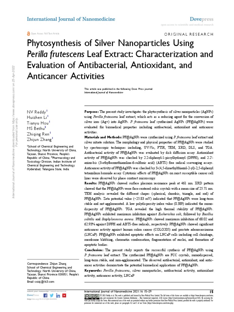 Phytosynthesis of Silver Nanoparticles Using Evaluation of Antibacterial, Antioxidant, and ...
