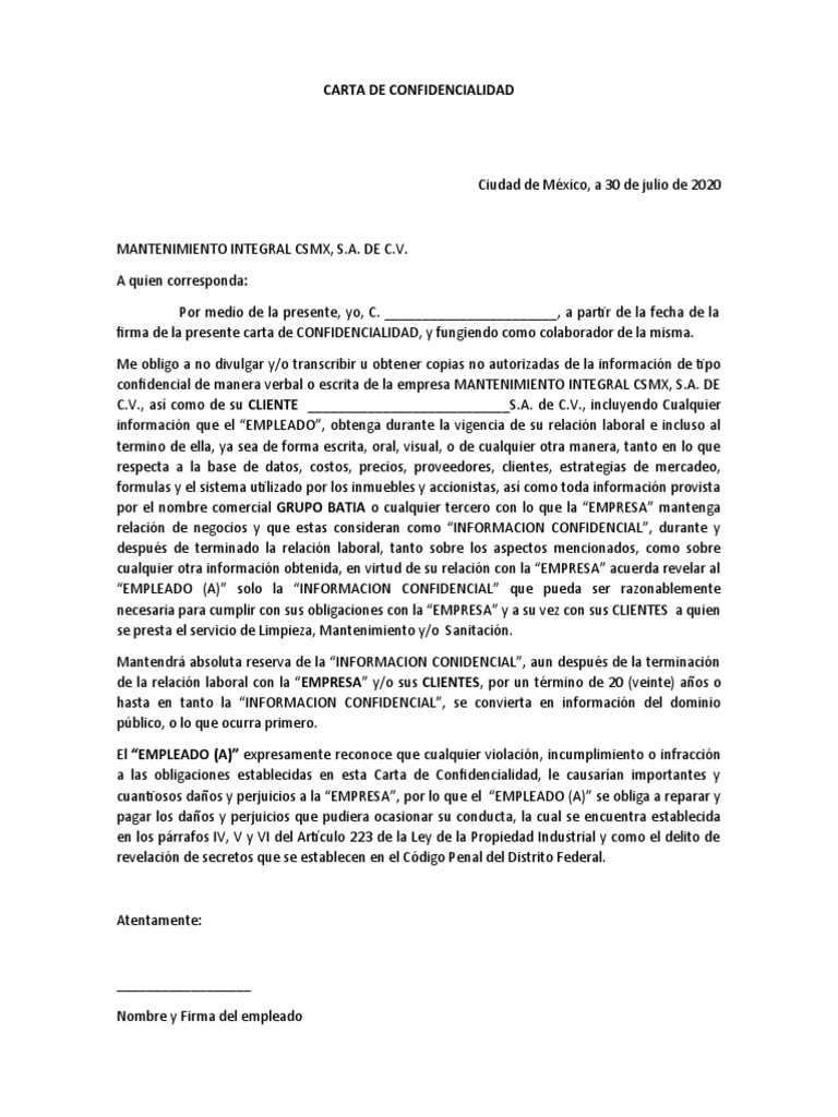 Carta De Confidencialidad Pdf Business Información