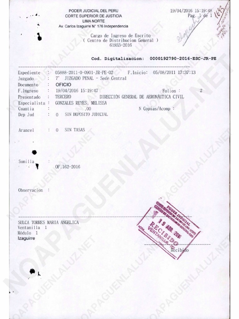 Cargo de Ingreso de Escrito 61933-2016. OFICIO #162-2016-MTC/12.04.AGA. 3p | PDF | Lima | Aviación