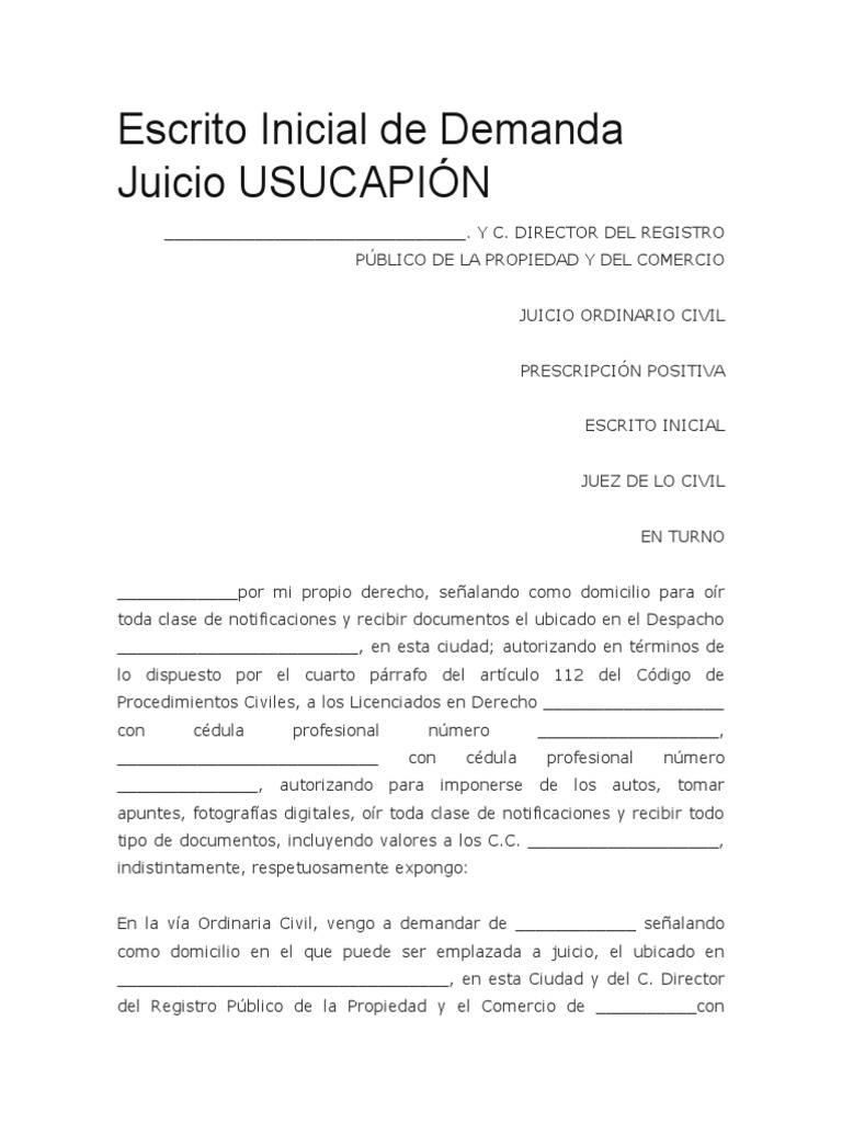 Escrito Inicial de Demanda Juicio USUCAPIÓN | PDF | Propiedad ...