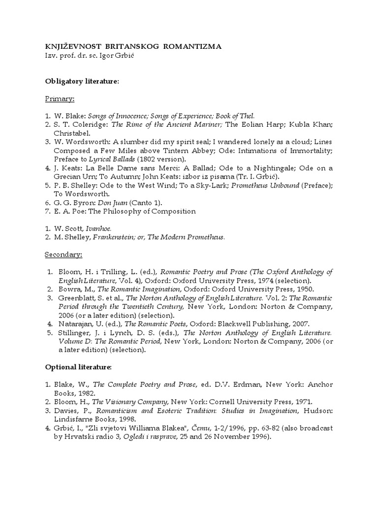 ROMANTICISM Exam Literature | PDF