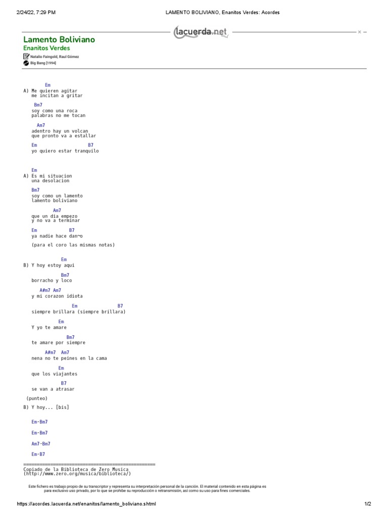 LAMENTO BOLIVIANO, Enanitos Verdes - Acordes | PDF