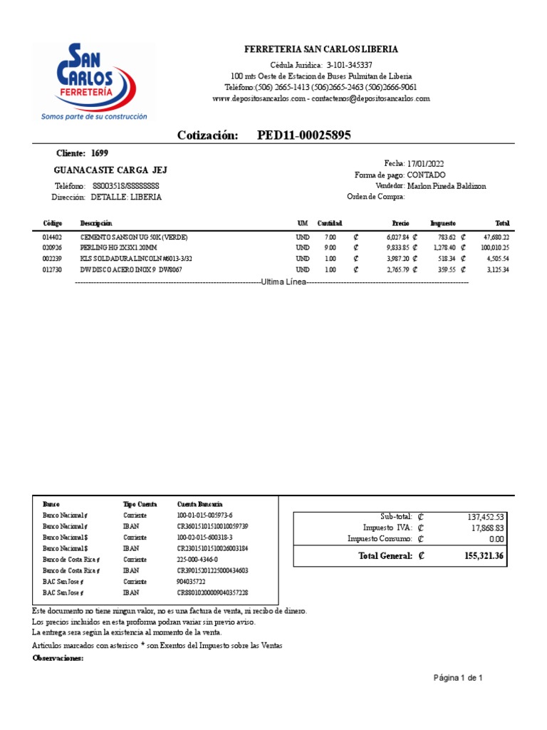 Cotización: PED11-00025895: Ferreteria San Carlos Liberia | PDF | Pagos | Mercado (economía)