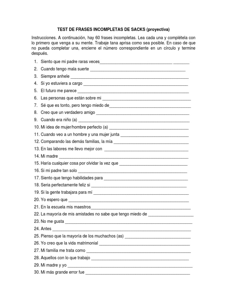 TEST DE FRASES INCOMPLETAS DE SACKS Adultos | PDF