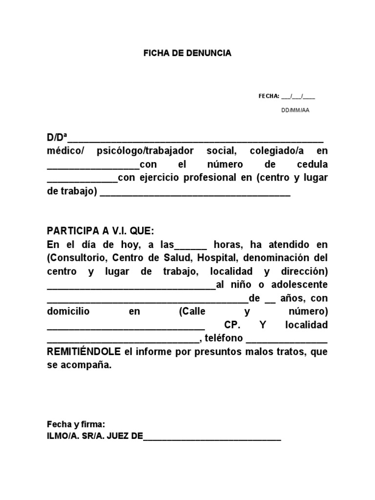 Formato Ficha De Denuncia De Abuso Sexual Infantil Pdf Sicología