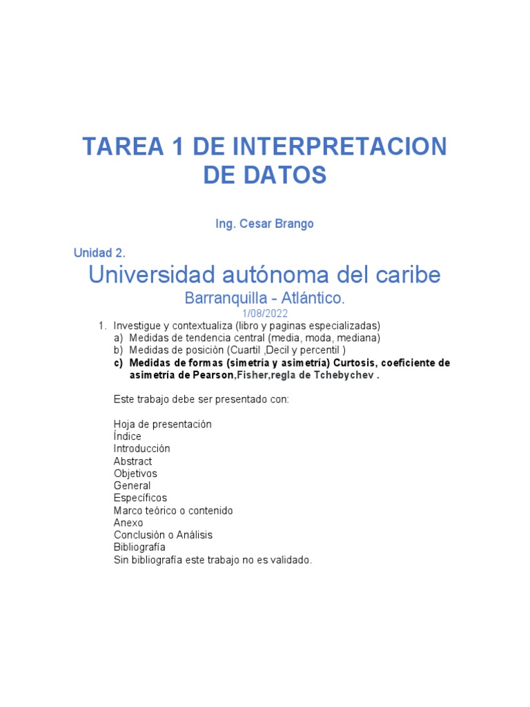 Tarea 1 Interpretacion Unidad 2 | PDF | Oblicuidad | Cuantil