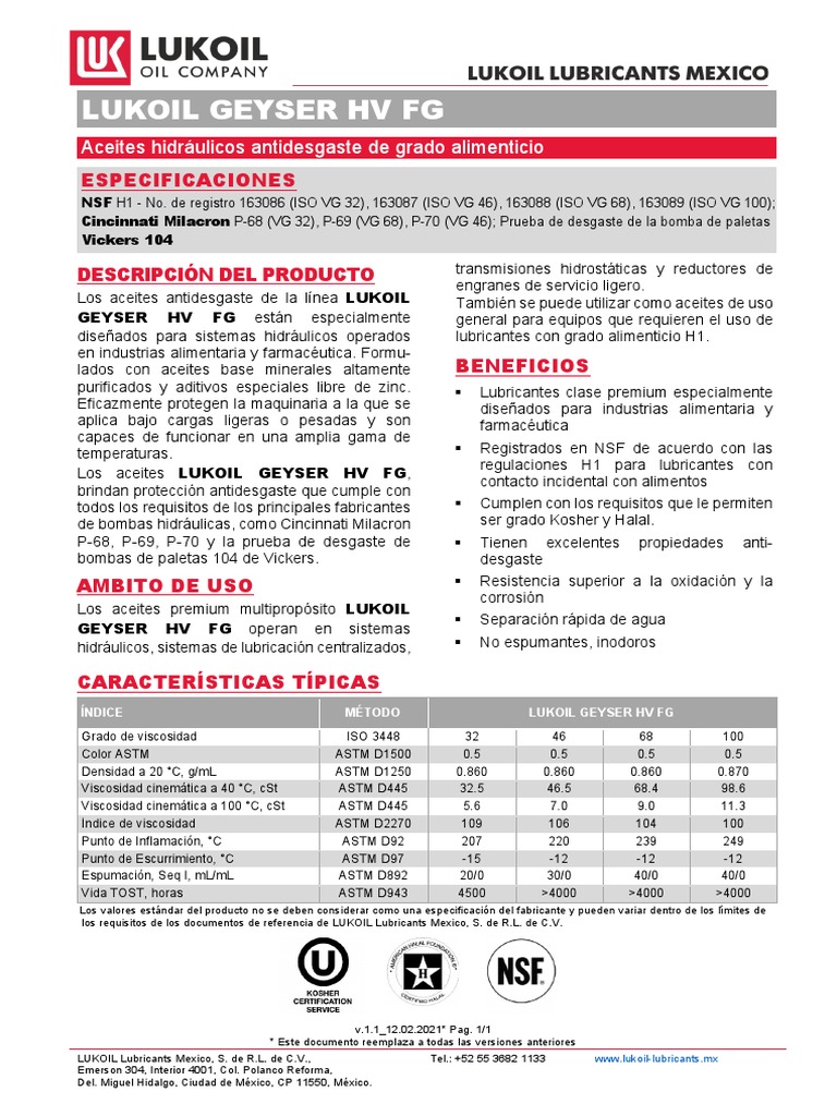 Tds Lukoil Geyser HV FG 32 46 68 100 v.1.1 Esp | PDF | Lubricante | Ingeniería Química