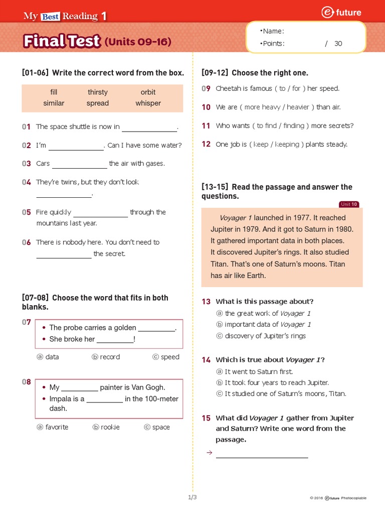 My Best Reading 1 - Final Test | PDF | Voyager Program | Double Bass
