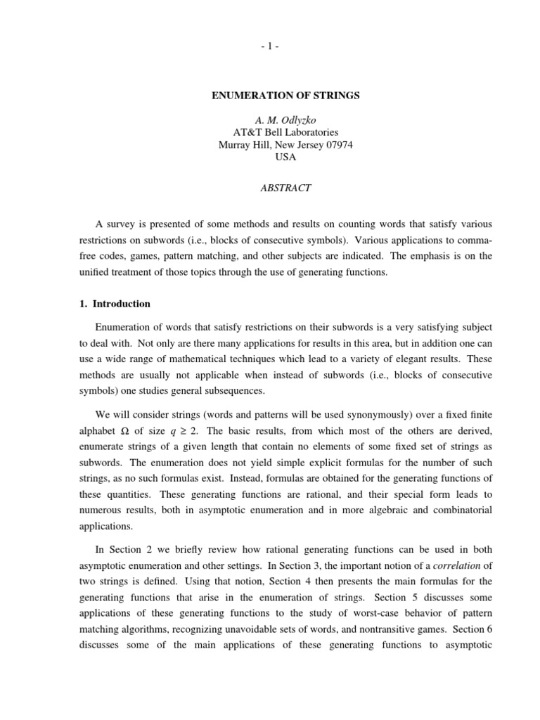 Enumeration of Strings: A. M. Odlyzko | PDF | String (Computer Science) | Integer