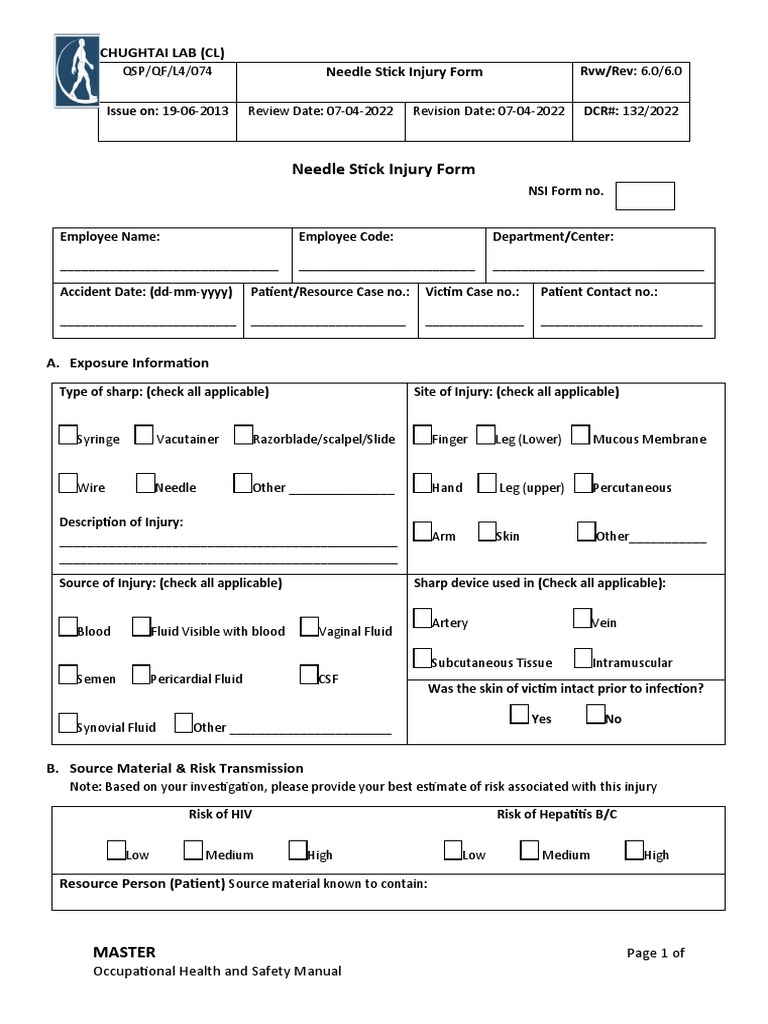Needle Stick Injury Form | PDF | Epidemiology | Immunology