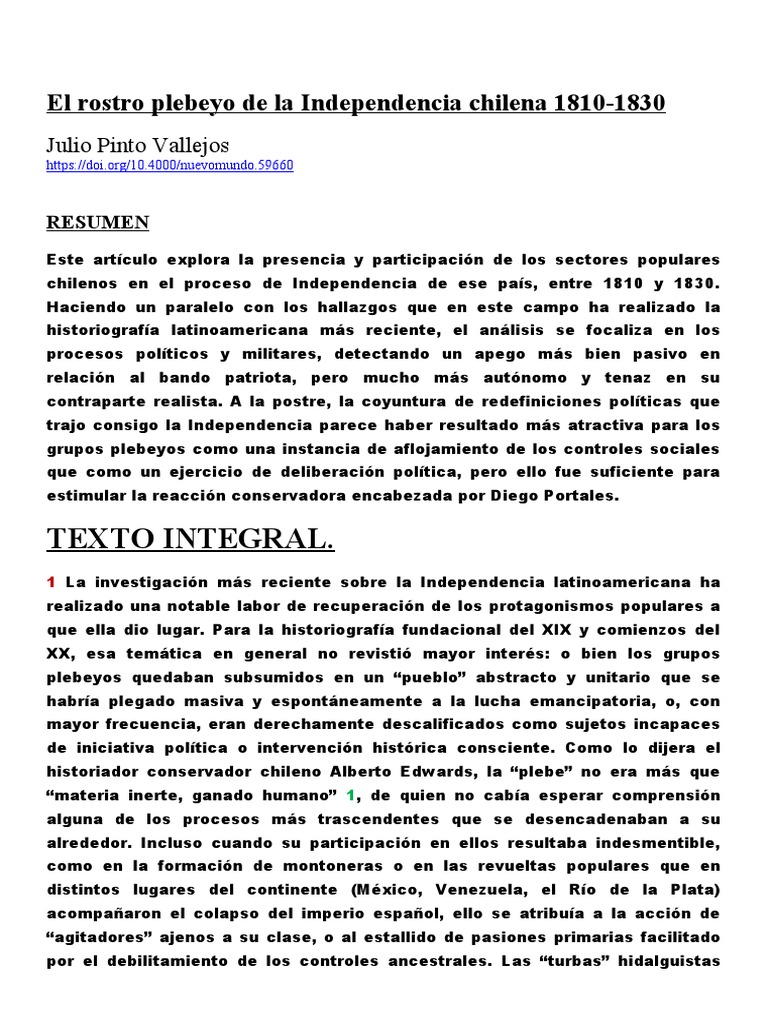 El Rostro Plebeyo de La Independencia Chilena 1810 | PDF | Chile
