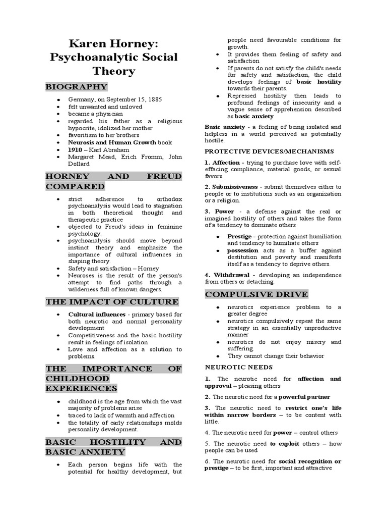 Karen Horney Psychoanalytic Social Theory | PDF | Psychoanalysis | Neurosis