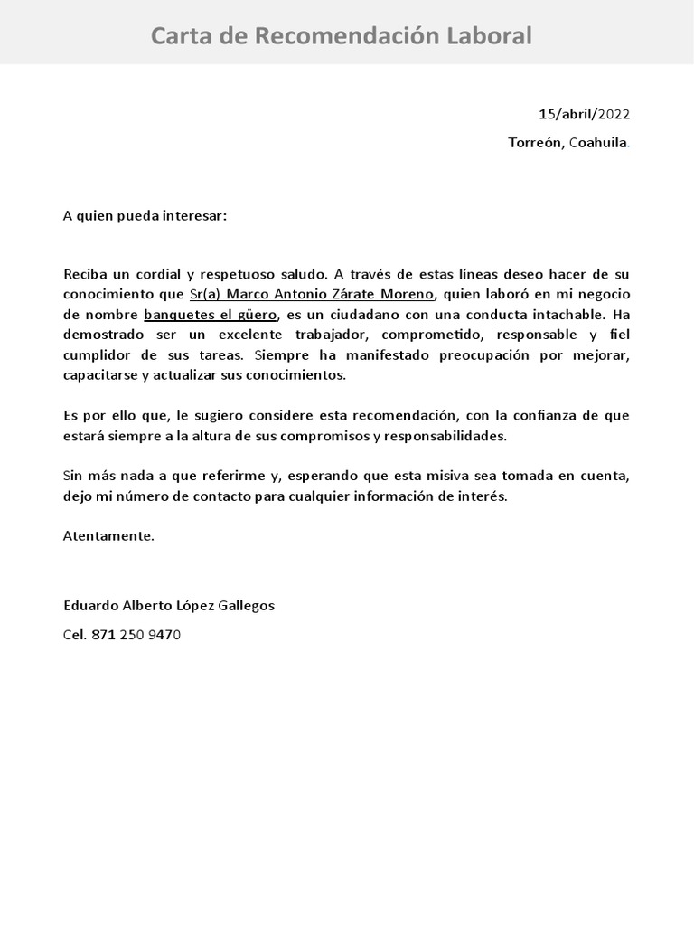 39 Modelo de Carta de Recomendacion Laboral | PDF