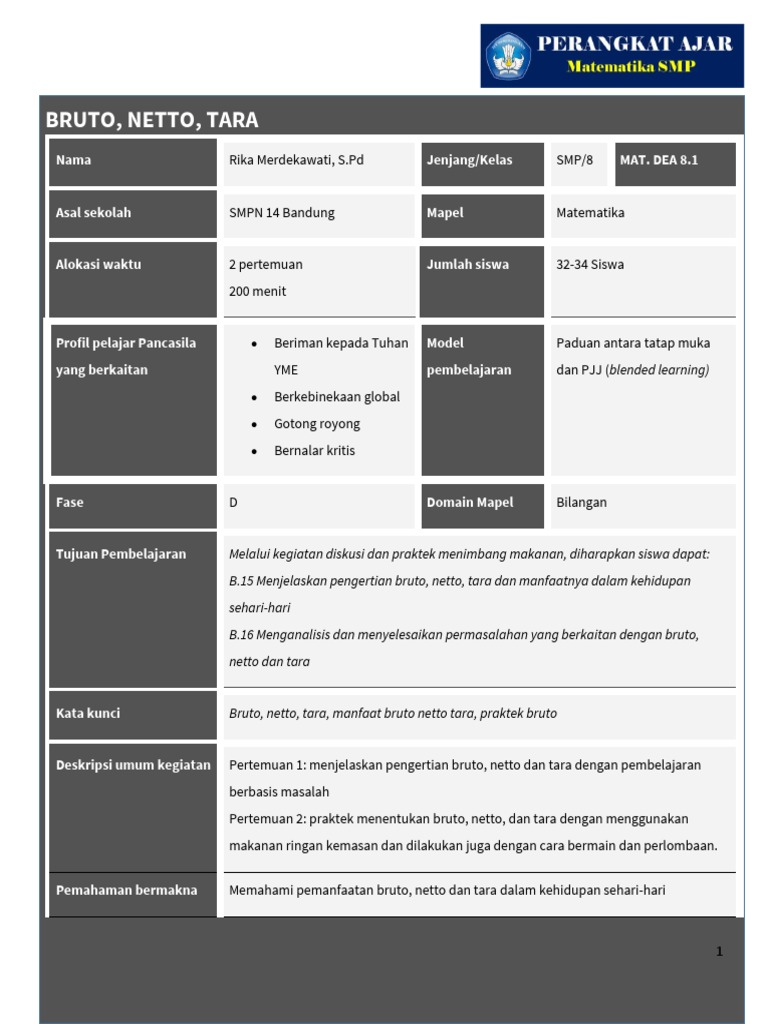 Final Ma - Mat - Rika Merdekawati - SMP - D - Konsep Bruto Netto Tara 8.15-8.16 | PDF