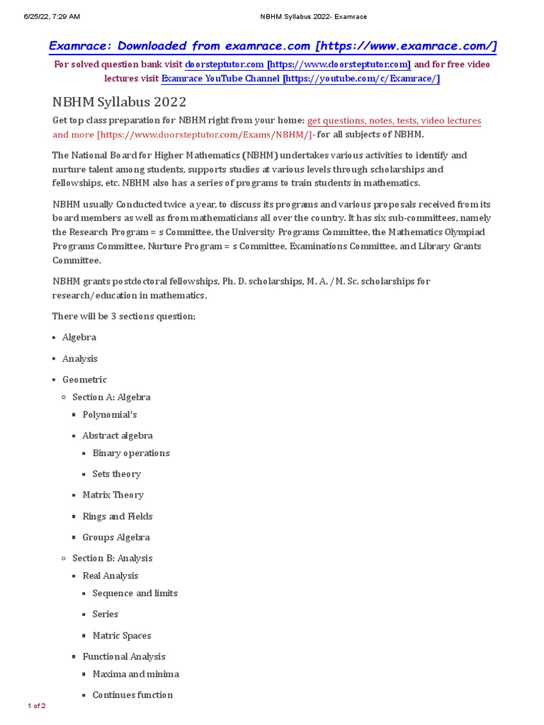 NBHM Syllabus | PDF | Mathematical Analysis | Curve
