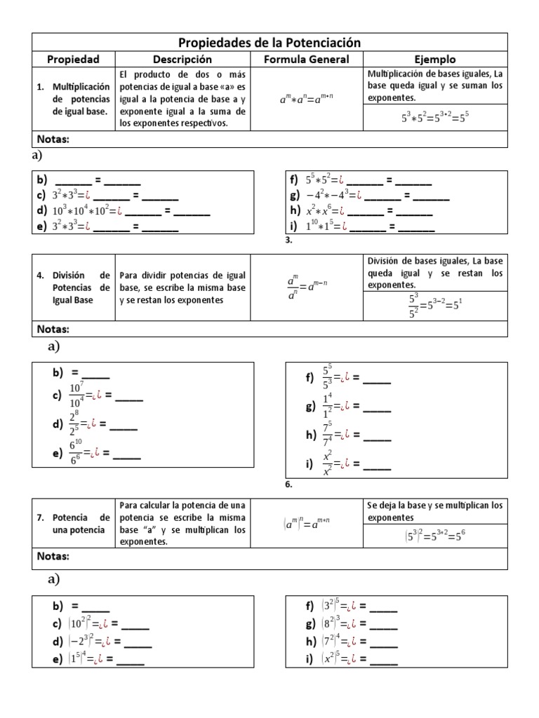 Propiedades de Potenciación Matemática | PDF | Exponenciación | Multiplicación