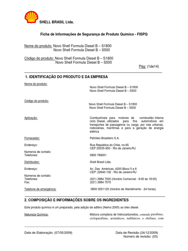 FISPQ Óleo Diesel B S1800 Shell R09 06 2011 | PDF | Diesel | Química