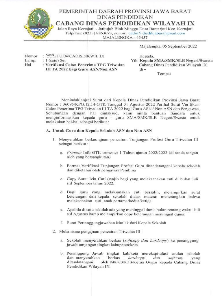 Surat Pemberkasan TPG TW3 2022 | PDF