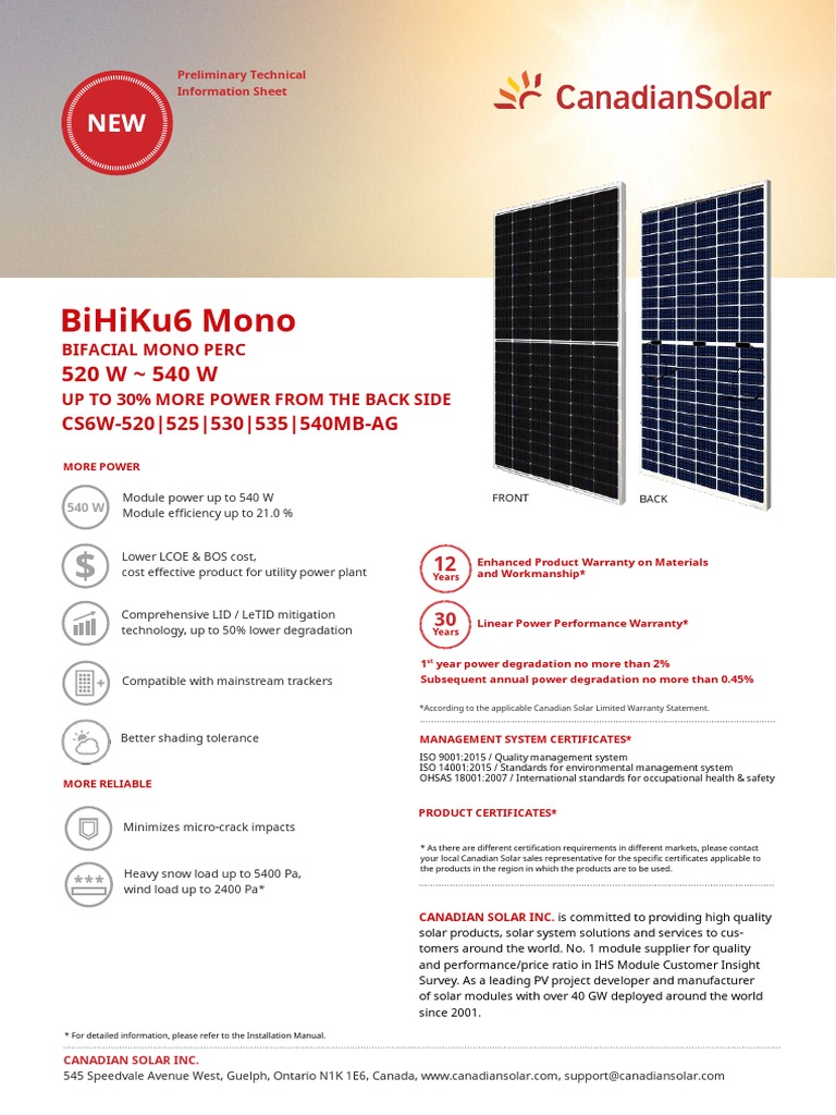 Canadial Solar CS6W-MB-AG | PDF | Solar Panel | Photovoltaics