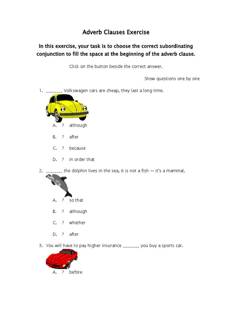 Adverb Clauses Exercise LESSON 1 | PDF | English Language