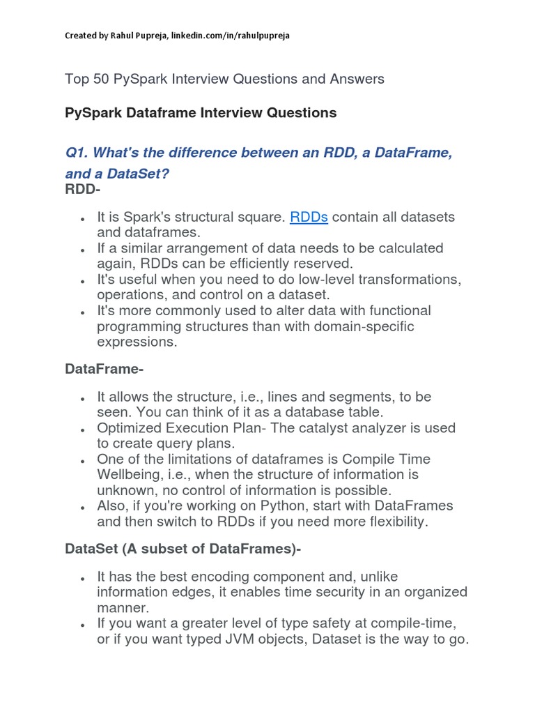 PySpark Data Frame Questions PDF | PDF | Apache Spark | Apache Hadoop