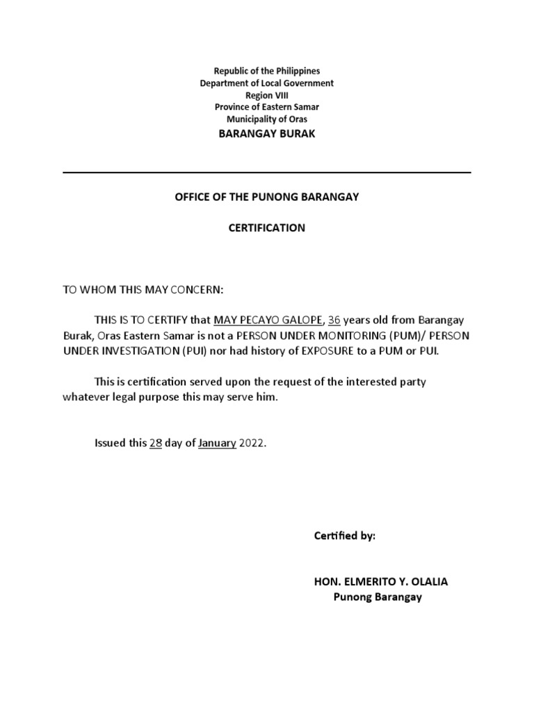 Barangay Certification | PDF