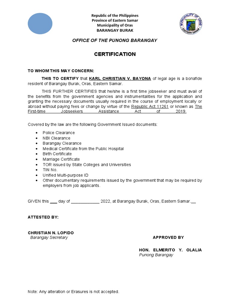CERTIFICATION 1st Job Seeker | PDF | Birth Certificate | Government And ...