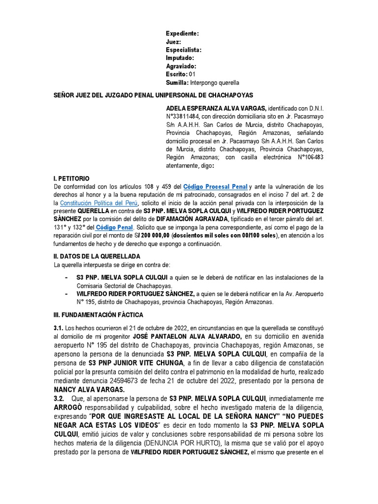 QUERELLA | PDF | Queja | Derecho penal