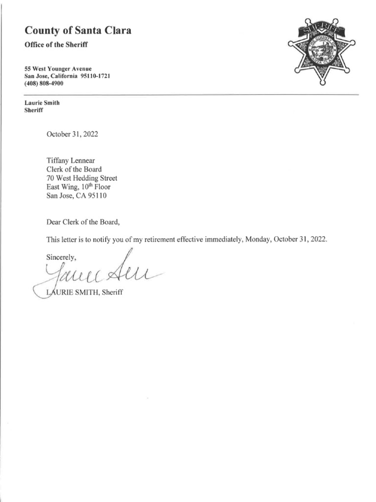 Santa Clara County Sheriff Laurie Smith's Resignation Letter | PDF