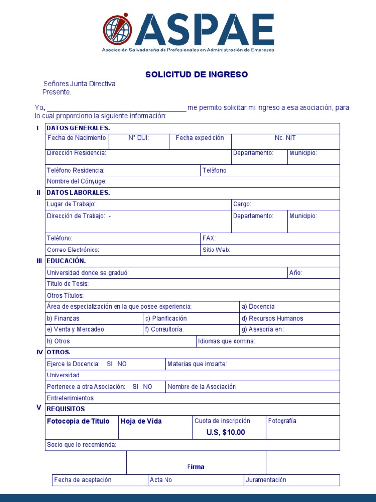 Solicitud de Nuevo Ingreso Aspae | PDF