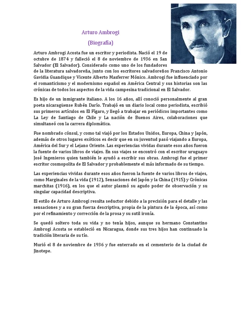 Biografía de Arturo Ambrogi, escritor salvadoreño | PDF