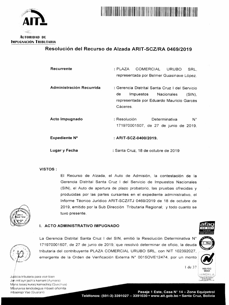 Arit SCZ Ra 0469 2019 | PDF | Impuestos | Impuesto al valor agregado