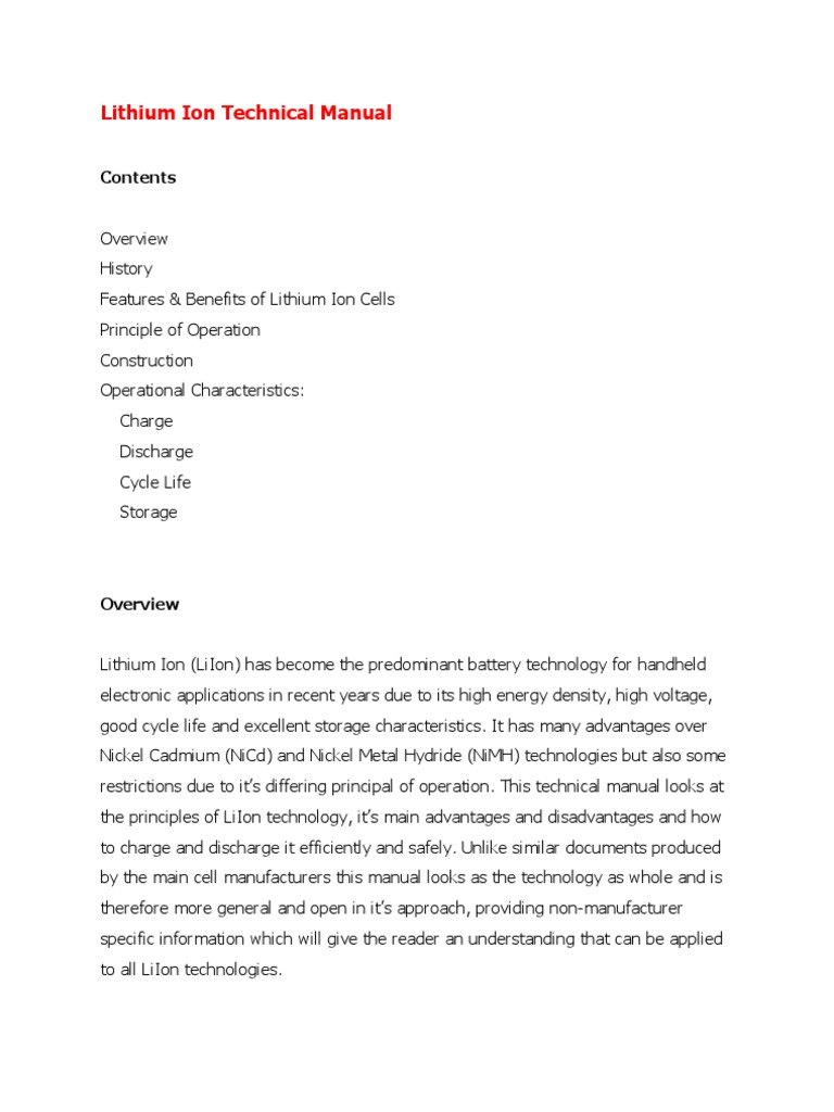 Lithium Ion Technical Manual | PDF | Lithium Ion Battery | Rechargeable ...