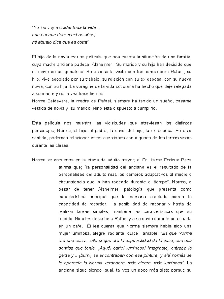 Análisis de "El hijo de la novia" | PDF | Enfermedad de Alzheimer | Vejez