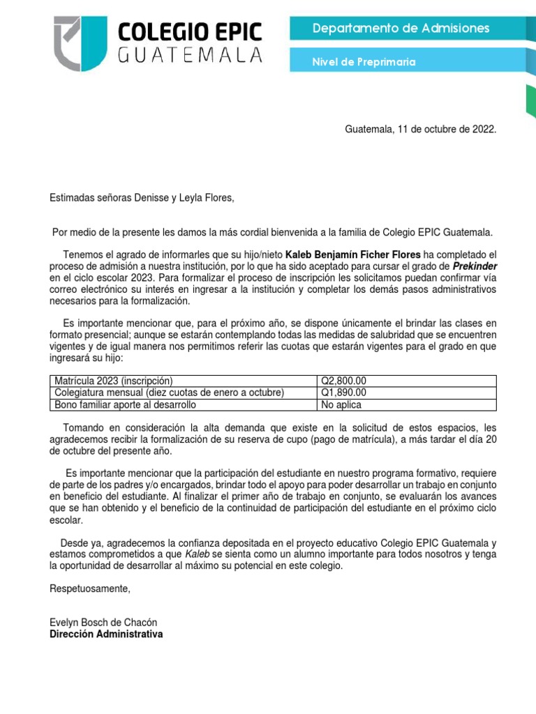 0044 Carta de Admisión 2023 Kaleb Benjamín Ficher Flores PREKINDER ...