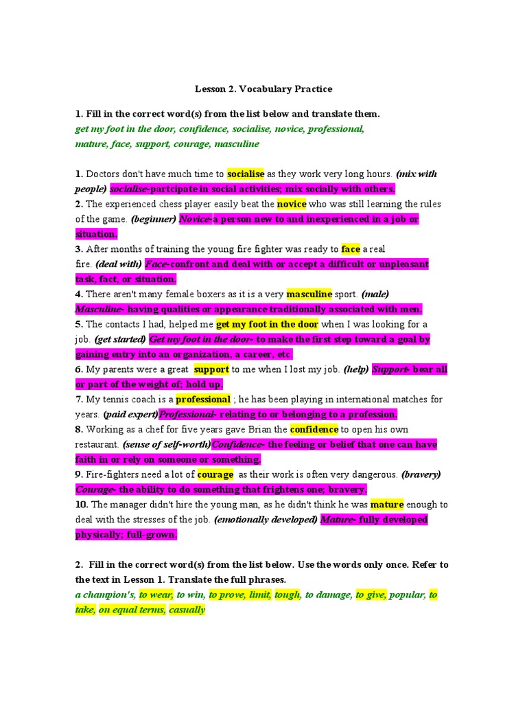 Lesson 2. Vocabulary Practice | PDF | Courage | Psychology