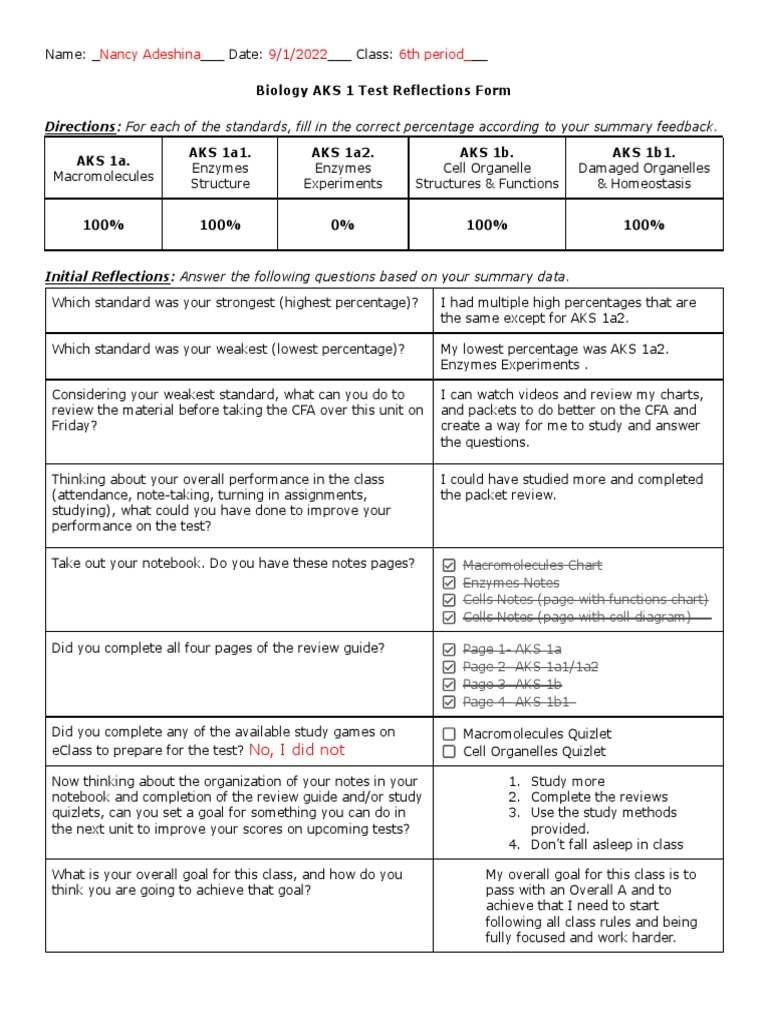 Biology AKS 1 Test Reflections Form | PDF | Enzyme | Goal