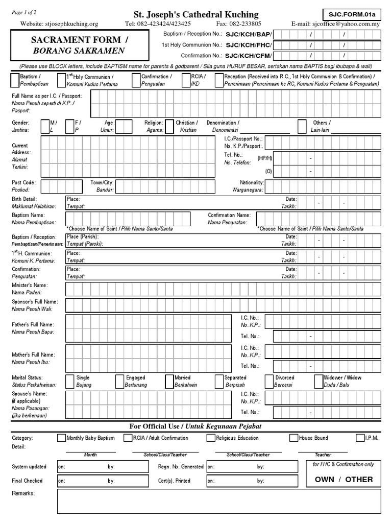 SJC - Form.01a - (Pg1) Sacrament Form | PDF | Confirmation | Systematic ...