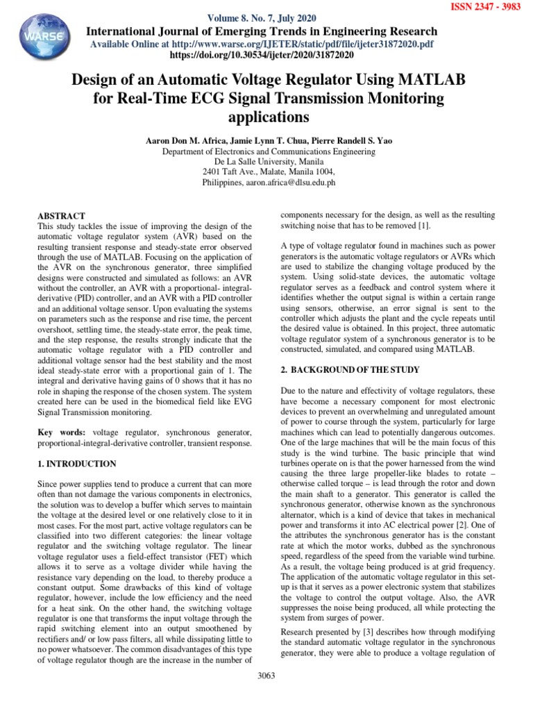 Design of An Automatic Voltage Regulator | PDF | Control Theory ...