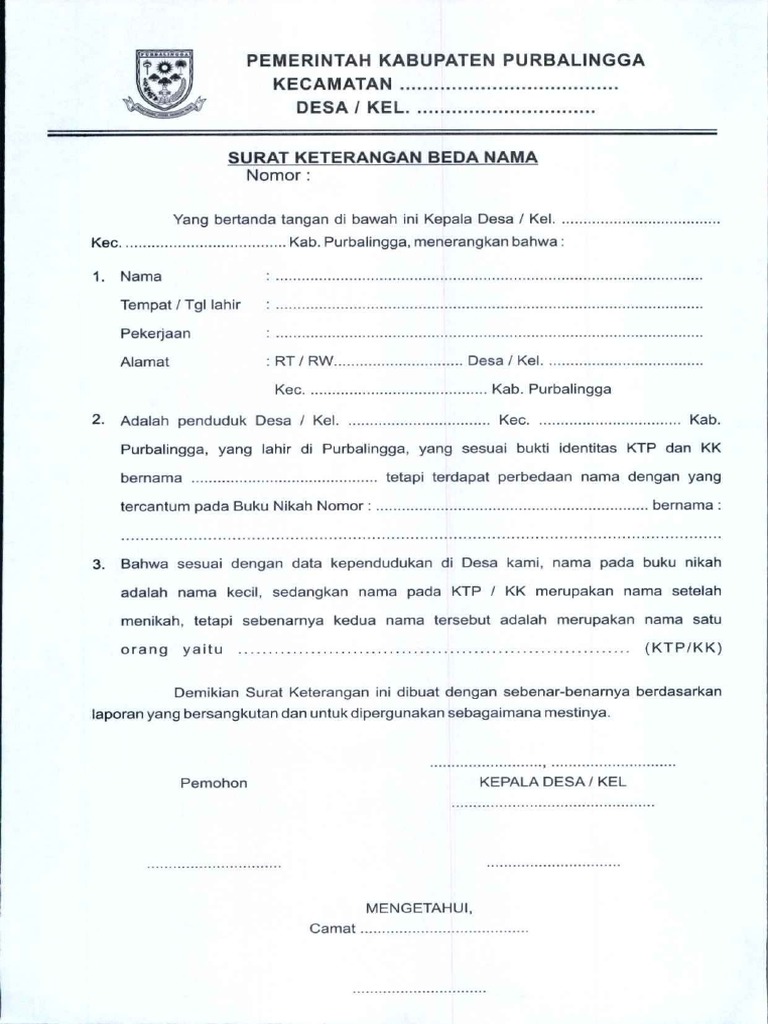 Surat Keterangan Beda Nama | PDF