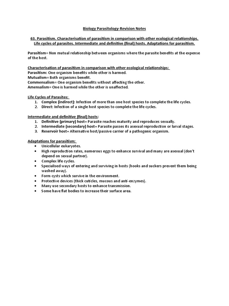 Biology Parasitology Revision Notes | PDF | Plasmodium | Parasitism