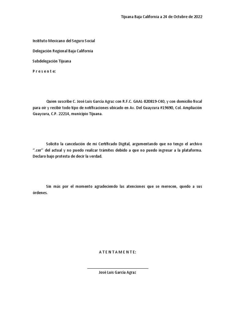 Escrito Libre para Cancelación de Certificado Digital Imss | PDF