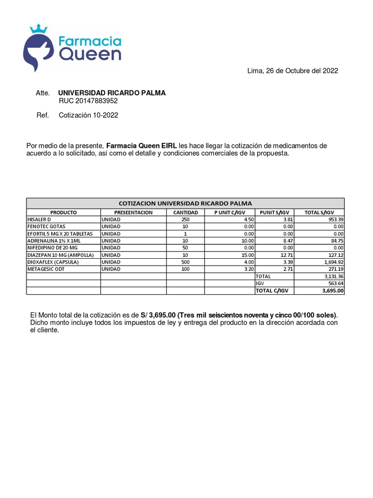 Cotización de Universidad Ricardo Palma | PDF | Bancario | Servicios financieros