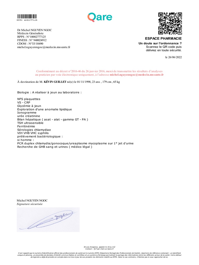 Ordonnance Bilan Sanguin Complet | PDF | Spécialités médicales ...
