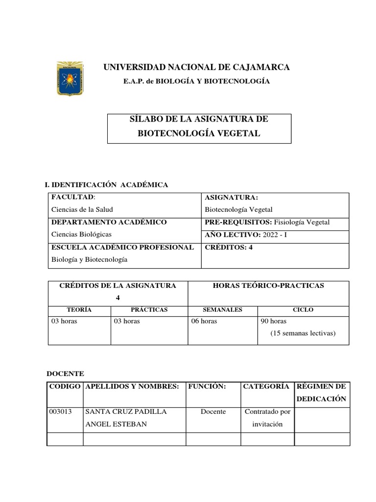 Sillabus Biotecnologia Vegetal | PDF | Biología | Ciencias de la vida