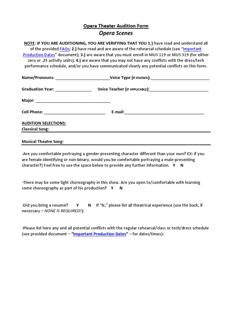 Opera Audition Form S23 | PDF