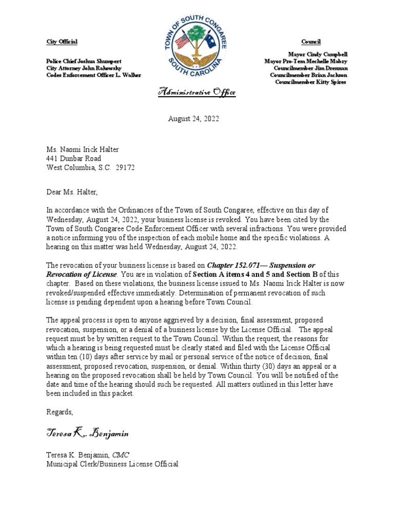 Business License Revocation Letter. Naomi I. Halter.1 | PDF | License ...