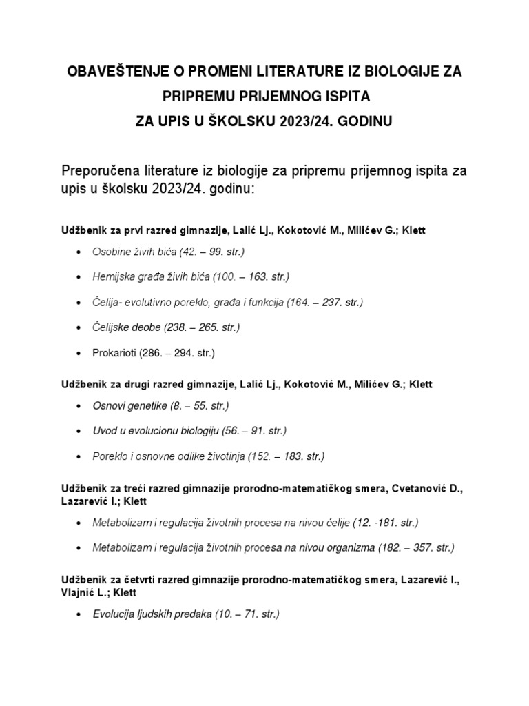 2023 Program Za Prijemni Ispit Iz Biologije Po Knjigama | PDF